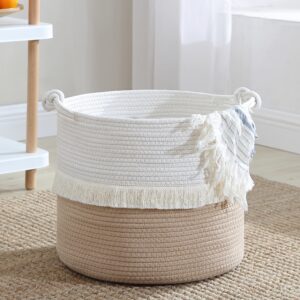 organizix round woven boho cotton rope storage tassels basket, laundry basket hamper, decorative fringe with knot handles, toys and blanket basket for nursery, white/brown, 13 x 16