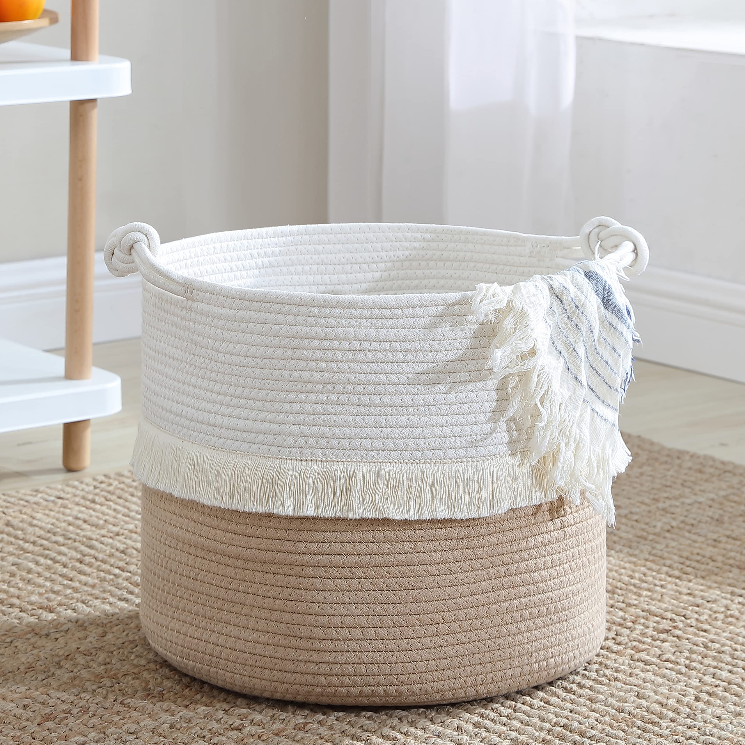 Organizix Round Woven Boho Cotton Rope Storage Tassels Basket, Laundry Basket Hamper, Decorative Fringe with Knot Handles, Toys and Blanket Basket for Nursery, White/Brown, 13 x 16