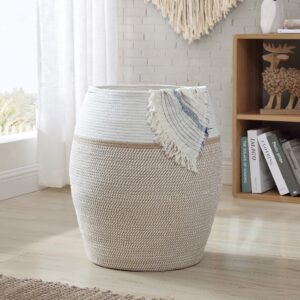 organizix xxxl extra large woven cotton rope tall 25" height laundry hamper basket with handles, storage basket for toys, blanket, and towels - 20 x 25, white/brown