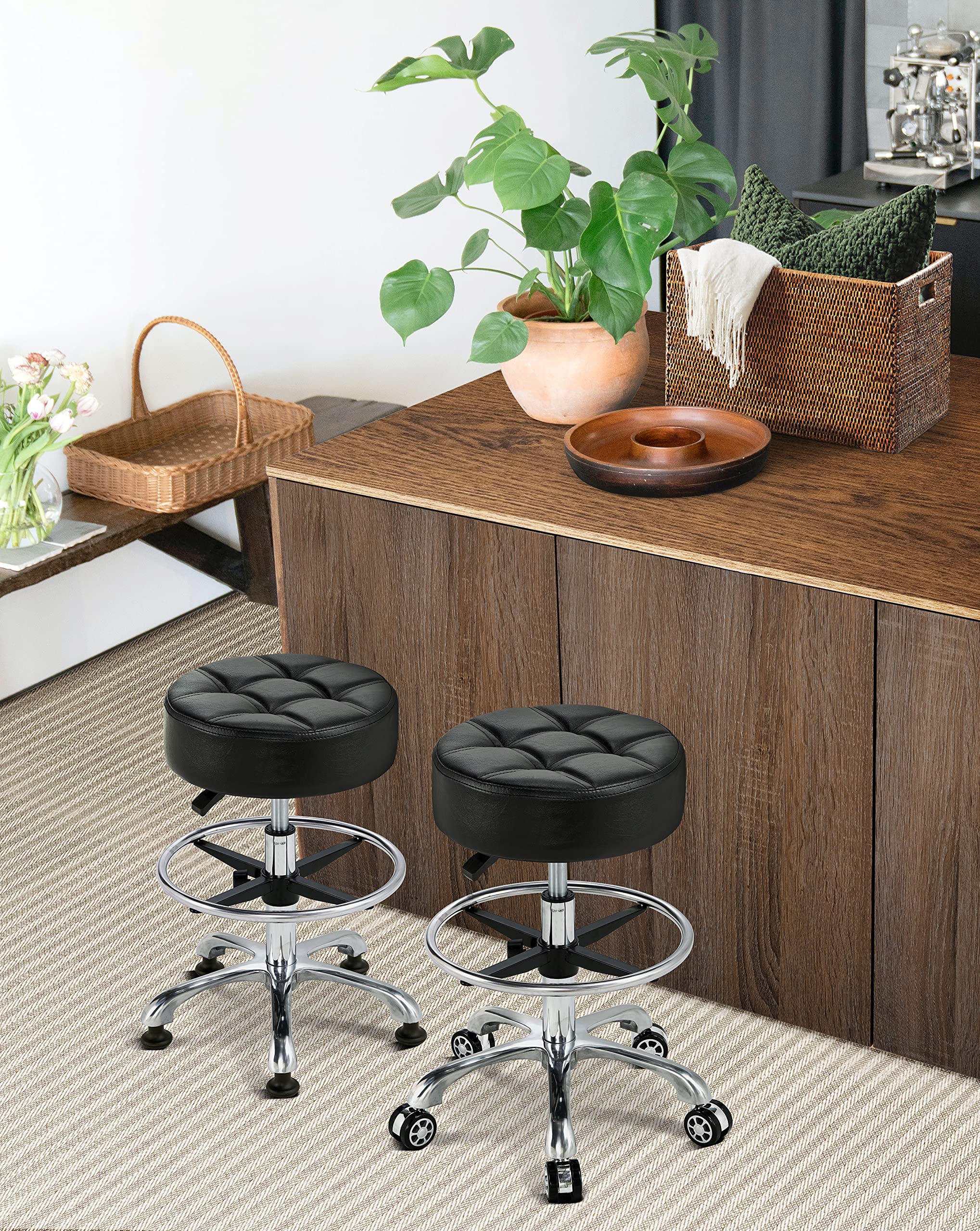 Kastele Height Adjustable Rolling Desk Stool Swivel Chair with Casters Heavy Duty for Salon, Spa, Massage,Tattoo,Esthetician,Shop,Kitchen (No Backrest with Casters, Black)