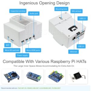 waveshare for Raspberry Pi 4 Case,DIN Rail ABS Case for Raspberry Pi 4 Model B, Large Inner Space,Compatible with Raspbeery Pi Expansion Board PoE HAT (D), RS485 CAN HAT, 2-CH RS485 HAT