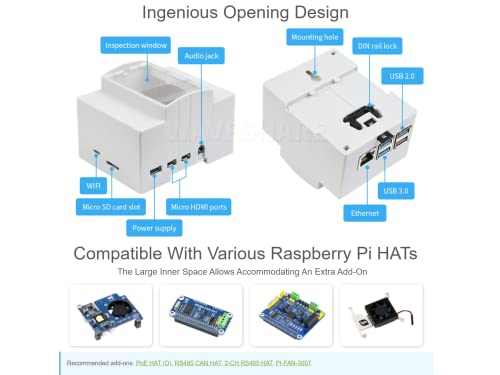 waveshare for Raspberry Pi 4 Case,DIN Rail ABS Case for Raspberry Pi 4 Model B, Large Inner Space,Compatible with Raspbeery Pi Expansion Board PoE HAT (D), RS485 CAN HAT, 2-CH RS485 HAT