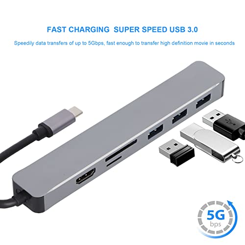 USB C Hub, 4K HD 1080P Adapter USB C Dongle, 7 in 1 High Speed Lightweight Portable USB Docking Station with 3 x USB 3.0 Ports, 5Gbps