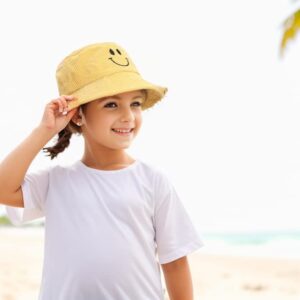 Kids Sun Hat Toddler Bucket Hat UPF 50+ Sun Protection Embroidered Corduroy Outdoor Hat Fishing Cap for 3-10 Years (One Size, Yellow)