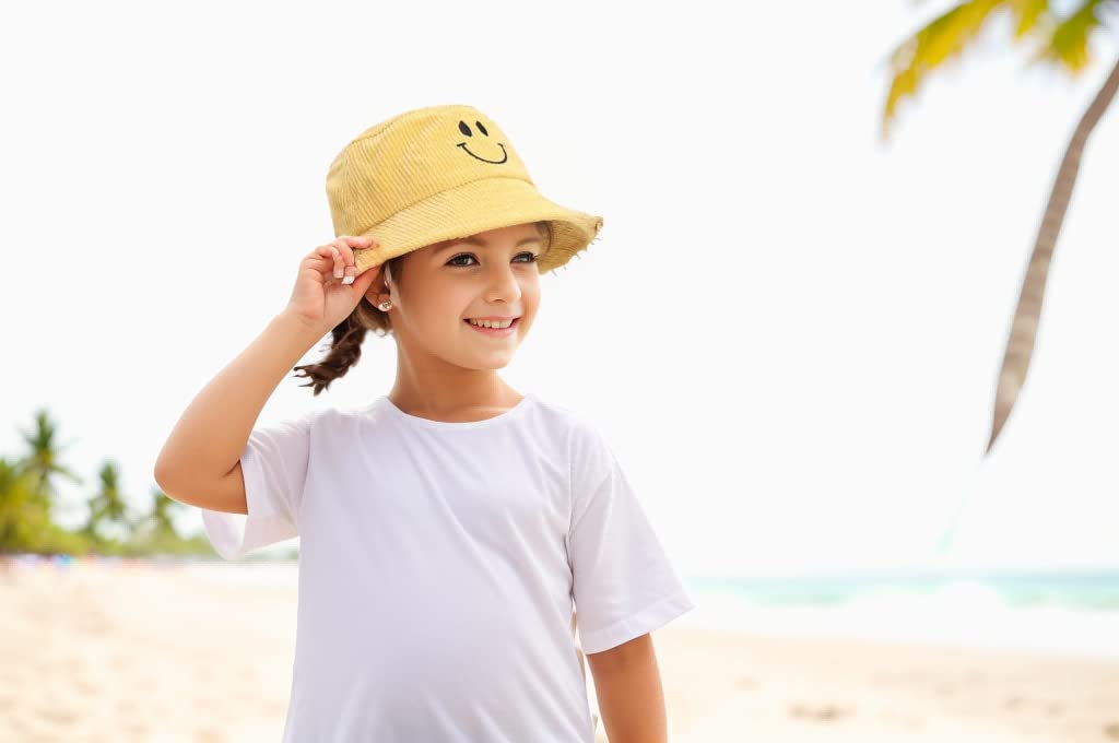 Kids Sun Hat Toddler Bucket Hat UPF 50+ Sun Protection Embroidered Corduroy Outdoor Hat Fishing Cap for 3-10 Years (One Size, Yellow)