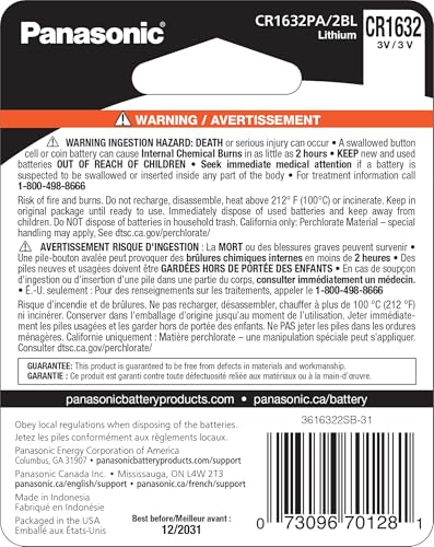 Panasonic CR1632 3.0 Volt Long Lasting Lithium Coin Cell Batteries in Child Resistant, Standards Based Packaging, 2-Battery Pack