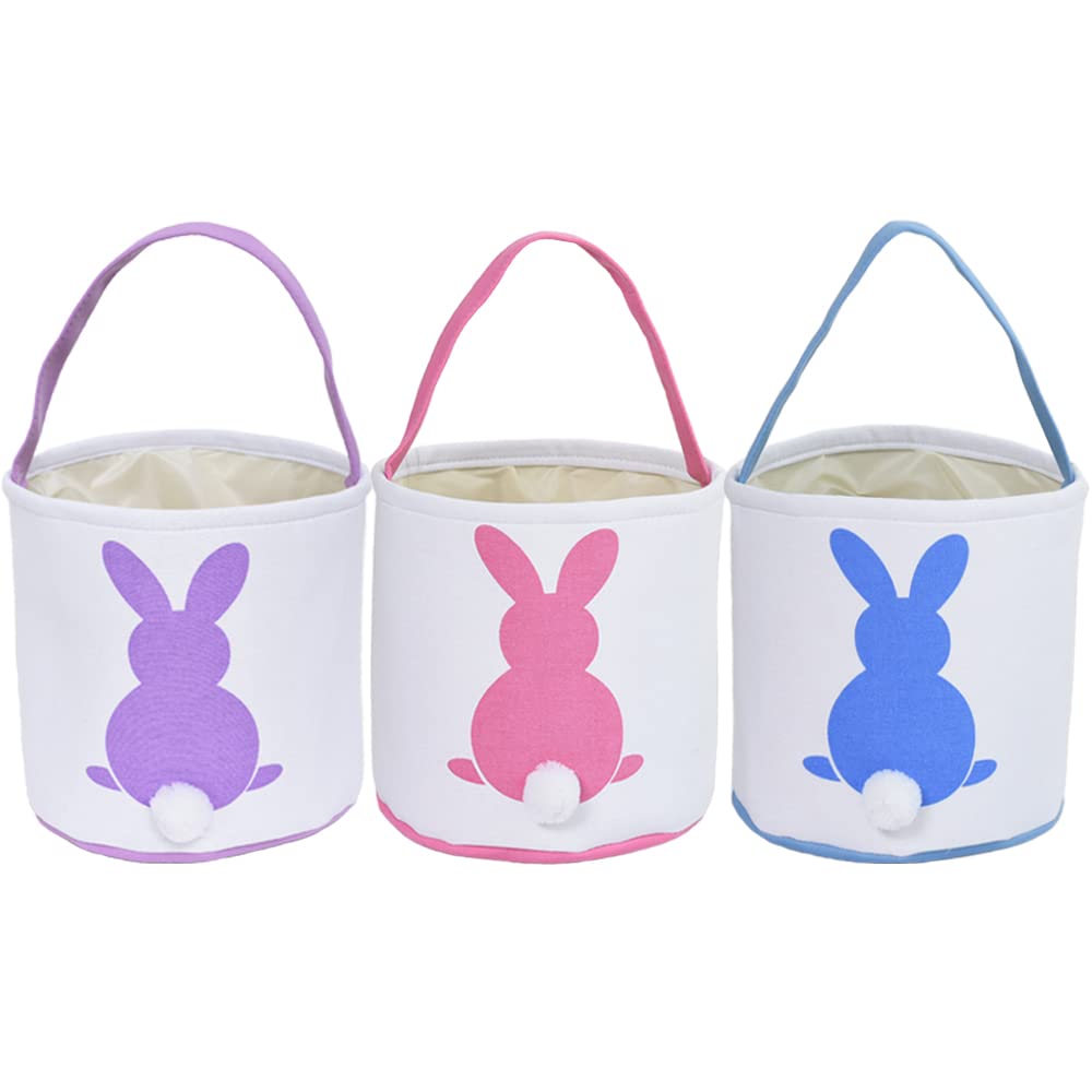 3 PCS Easter Bunny Basket Bags for Kids - Canvas Cotton Carrying Gift and Eggs Hunt Bag, Easter Gift Basket with Tails Printed Rabbit (Purple, Blue, Pink)