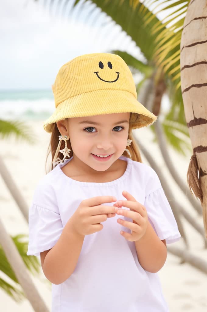 Kids Sun Hat Toddler Bucket Hat UPF 50+ Sun Protection Embroidered Corduroy Outdoor Hat Fishing Cap for 3-10 Years (One Size, Yellow)