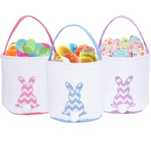 3 pcs easter bunny basket - canvas cotton easter eggs basket with fluffy tails - perfect for girls & boys easter egg hunts - easter baskets for kids (pink, purple, blue)