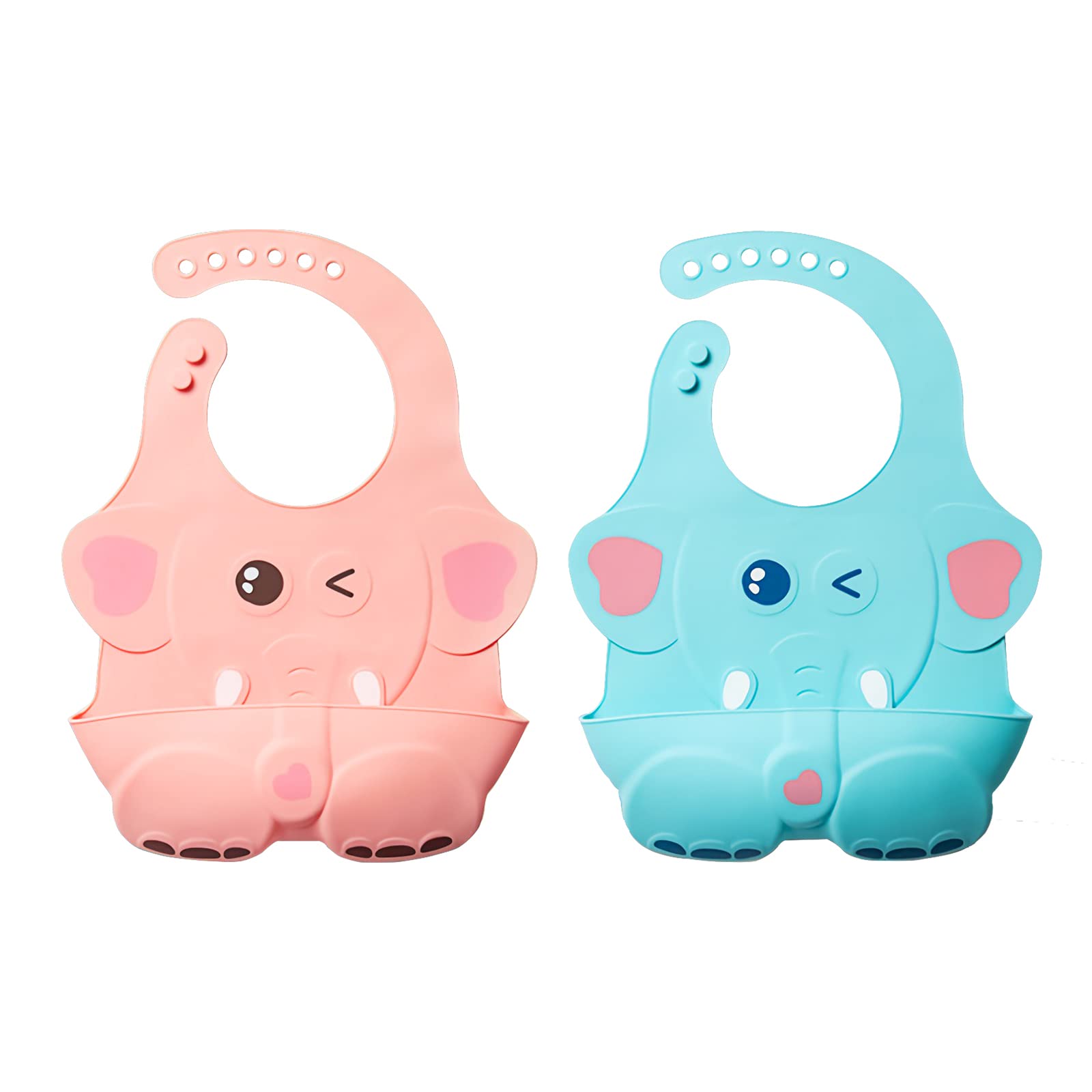 ZIMFANQI Silicone Baby Bibs, 2 Pack Waterproof Easy Wipe Adjustable Bibs with Elephant Printed, Soft Baby Feeding Bibs with 6-Gear Adjustment for Toddlers Girls Boys Kids - Baby Blue/Baby Pink