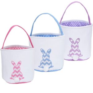 3 PCS Easter Bunny Basket - Canvas Cotton Easter Eggs Basket with Fluffy Tails - Perfect for Girls & Boys Easter Egg Hunts - Easter Baskets for Kids (Pink, Purple, Blue)