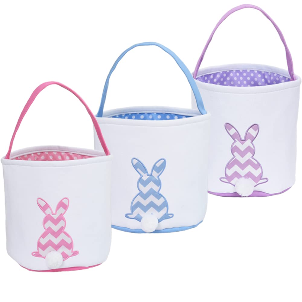 3 PCS Easter Bunny Basket - Canvas Cotton Easter Eggs Basket with Fluffy Tails - Perfect for Girls & Boys Easter Egg Hunts - Easter Baskets for Kids (Pink, Purple, Blue)