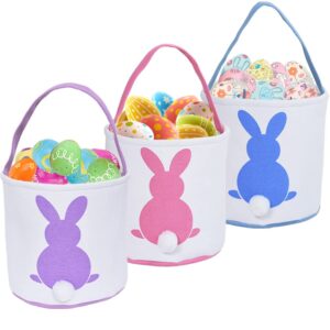 3 pcs easter bunny basket bags for kids - canvas cotton carrying gift and eggs hunt bag, easter gift basket with tails printed rabbit (purple, blue, pink)