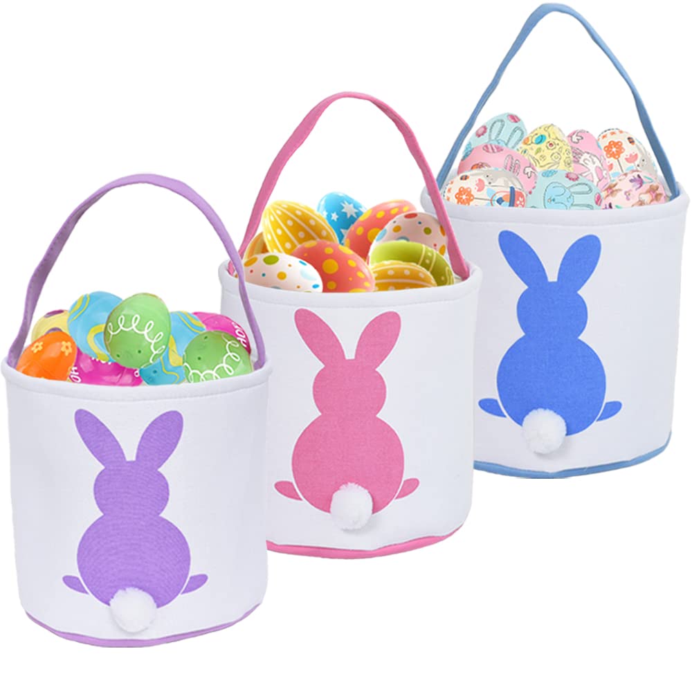 3 PCS Easter Bunny Basket Bags for Kids - Canvas Cotton Carrying Gift and Eggs Hunt Bag, Easter Gift Basket with Tails Printed Rabbit (Purple, Blue, Pink)