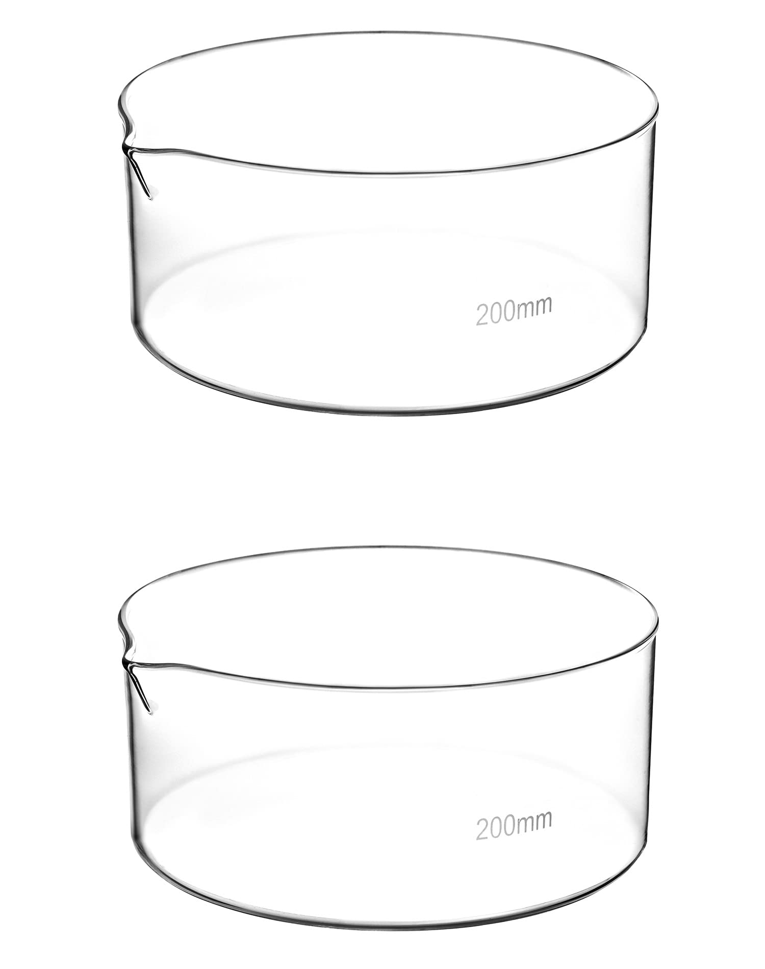 QWORK 2000ml Crystallizing Dishes, 2 Pack Flat Bottom Lab Dishes with Spout and Heavy Rim, Borosilicate 3.3 Glass for Professional Laboratories, Science Classrooms, Kitchen, Crafts, OD 200mm