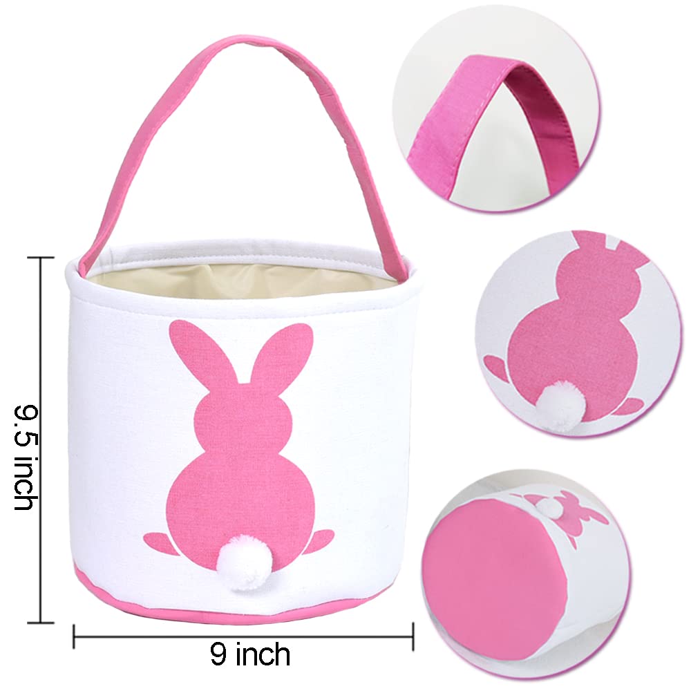 3 PCS Easter Bunny Basket Bags for Kids - Canvas Cotton Carrying Gift and Eggs Hunt Bag, Easter Gift Basket with Tails Printed Rabbit (Purple, Blue, Pink)