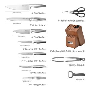 BILL.F Kitchen Knife Set,16 Pieces Stainless Steel Knife Block Sets Professional Ergonomically Knife Set with Sharpener and Wooden Block, Ultra Sharp Stainless Cutlery Knife Kitchen Tool Set