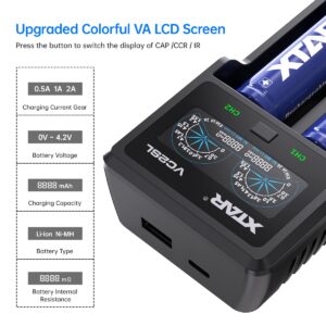 XTAR VC2SL 18650 Battery Charger 2 Bay Smart Universal Charger with LCD Display for Rechargeable Batteries Ni-MH Ni-Cd AA AAA Li-ion IMR 18650 18700 20700 21700 22650 25500 26650