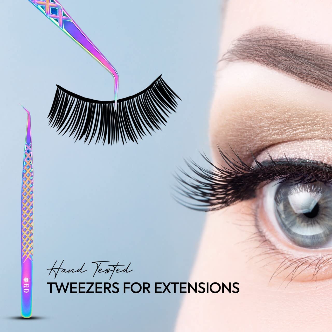 Eyelash Extension Tweezers Lash Extension Precision Tweezers Straight & Curved with Diamond Grip Set of 2 Pieces Rainbow Colour 14cm Multicolor