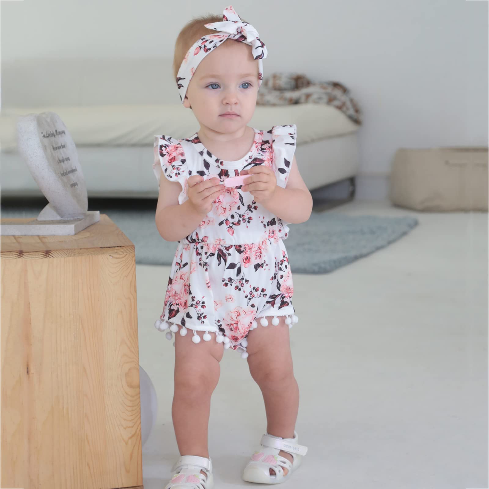 Hascloth Newborn Baby Girl Romper Infant Tassel Bodysuit Floral Dress Shorts Jumpsuit Ruffle Sleeveless Summer Clothes Outfit Set Brown 3-6Months