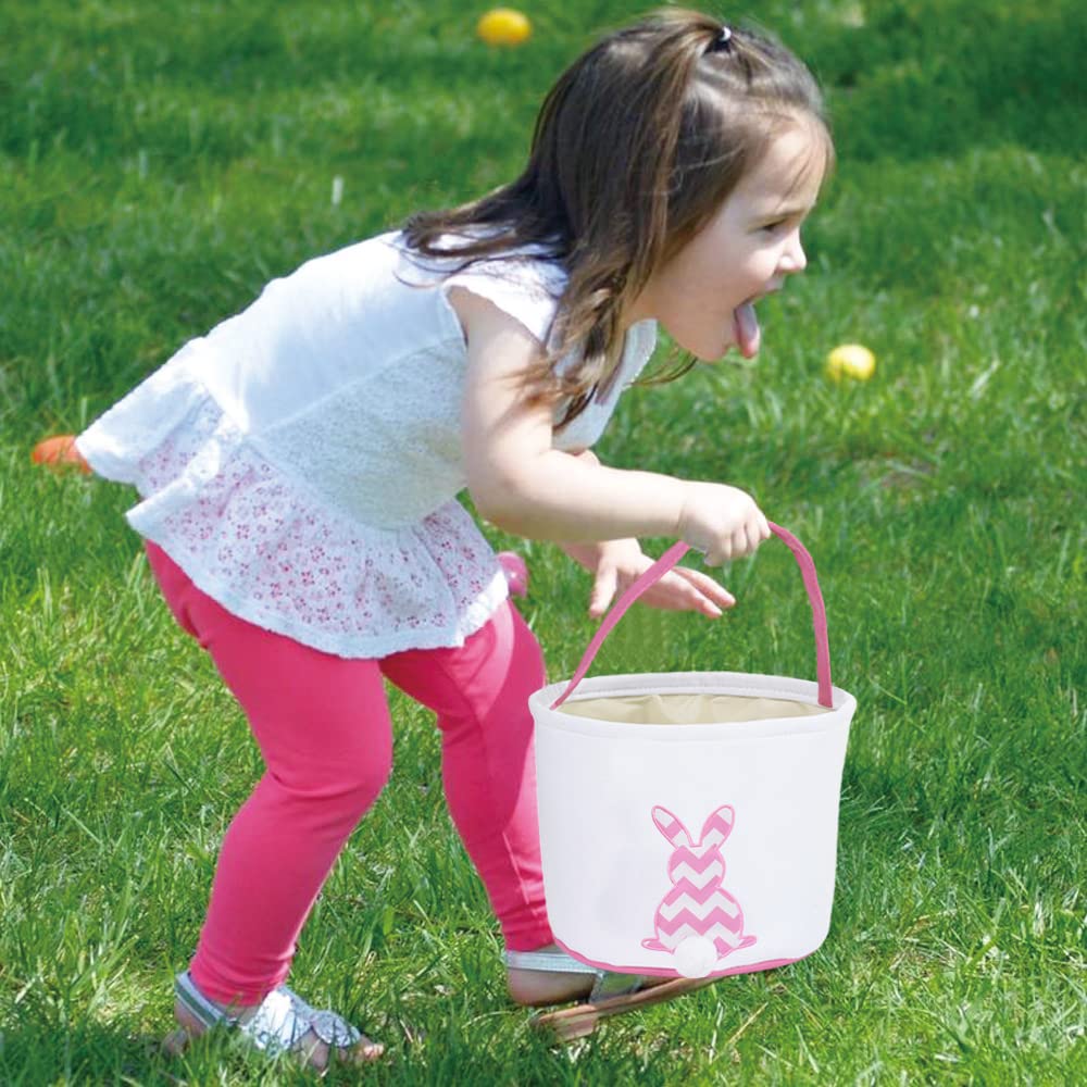 3 PCS Easter Bunny Basket - Canvas Cotton Easter Eggs Basket with Fluffy Tails - Perfect for Girls & Boys Easter Egg Hunts - Easter Baskets for Kids (Pink, Purple, Blue)