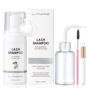 lankiz eyelash extension shampoo,+2 brush,sensitive eyelid foam lash cleanser for extension,deep clean eyelash,makeup& mascara remover& spa, professional & self use (100ml//unscented/)