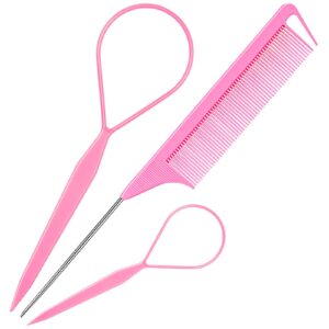 tsmaddts hair styling tool set - 3 pcs french braid tool, rat tail comb, and metal braiding pin in pink