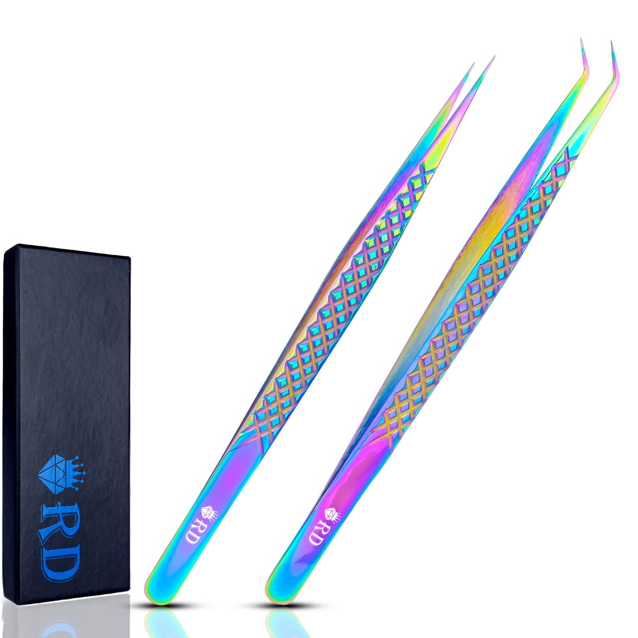 Eyelash Extension Tweezers Lash Extension Precision Tweezers Straight & Curved with Diamond Grip Set of 2 Pieces Rainbow Colour 14cm Multicolor