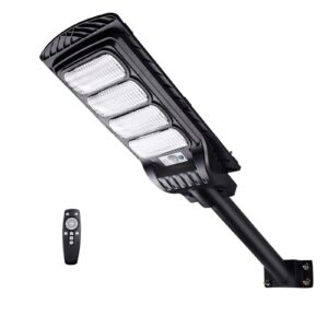 solar street light 200w, dusk to dawn outdoor lighting with remote control 6000k ip65 waterproof led flood light with motion sensor & pole for street, yard, parking lot, driveway