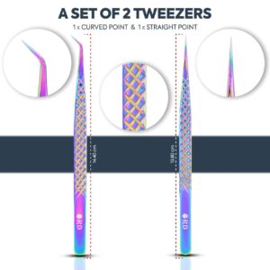 Eyelash Extension Tweezers Lash Extension Precision Tweezers Straight & Curved with Diamond Grip Set of 2 Pieces Rainbow Colour 14cm Multicolor