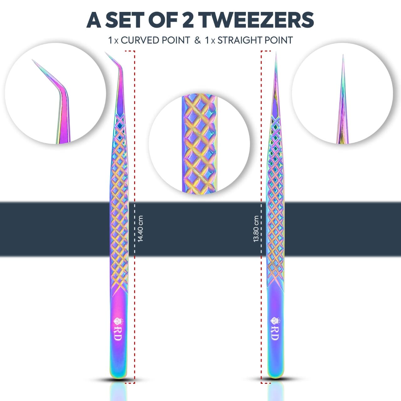 Eyelash Extension Tweezers Lash Extension Precision Tweezers Straight & Curved with Diamond Grip Set of 2 Pieces Rainbow Colour 14cm Multicolor