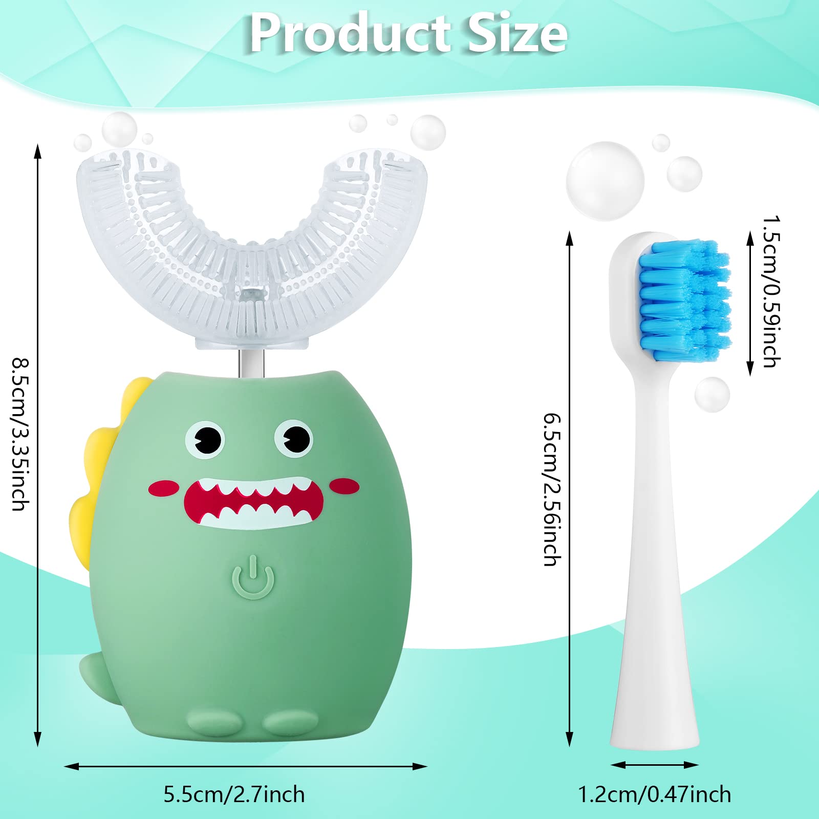 Potchen Kids U Electric Toothbrush, Kids Electric Toothbrush with 2 Brush Heads Ultrasonic Electric Toothbrush Kids Automatic Timer Tooth Brush 2-7 Years for Children(Dinasuar)