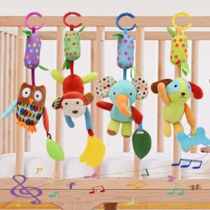 bivan baby toy soft hanging rattle learning toy with teethers plush animal c-clip ring infant newborn stroller car seat crib travel activity wind chimes hanging toys for boys girls, 4 pack