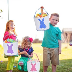 3 PCS Easter Bunny Basket Bags for Kids - Canvas Cotton Carrying Gift and Eggs Hunt Bag, Easter Gift Basket with Tails Printed Rabbit (Purple, Blue, Pink)