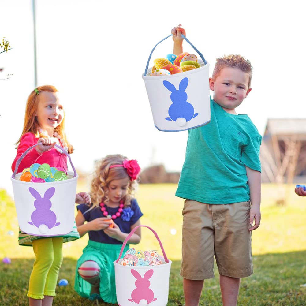 3 PCS Easter Bunny Basket Bags for Kids - Canvas Cotton Carrying Gift and Eggs Hunt Bag, Easter Gift Basket with Tails Printed Rabbit (Purple, Blue, Pink)