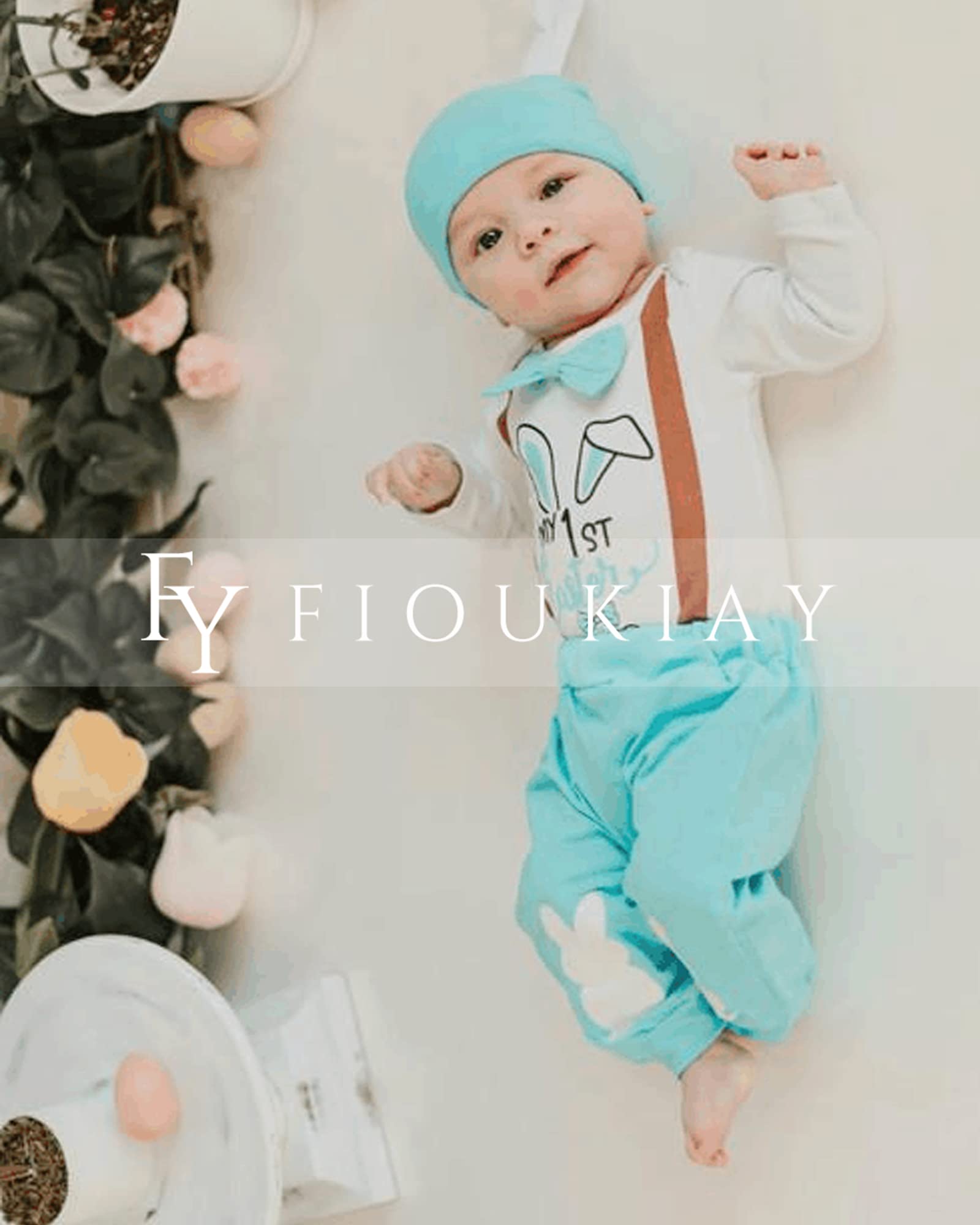 fioukiay Preemie Newborn Baby Boys Easter Outfits Infant My First Easter Baby Bunny Clothes Clothing Pants Set with Hat (White 01, 12-18 Months)