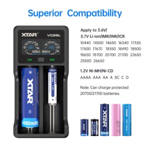 XTAR VC2SL 18650 Battery Charger 2 Bay Smart Universal Charger with LCD Display for Rechargeable Batteries Ni-MH Ni-Cd AA AAA Li-ion IMR 18650 18700 20700 21700 22650 25500 26650