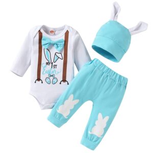 minifeiko my first easter outfit preemie newborn infant baby boy long sleeve bow tie romper bunny pants sets with hat 1st easter day bodysuit (white, 12 months)