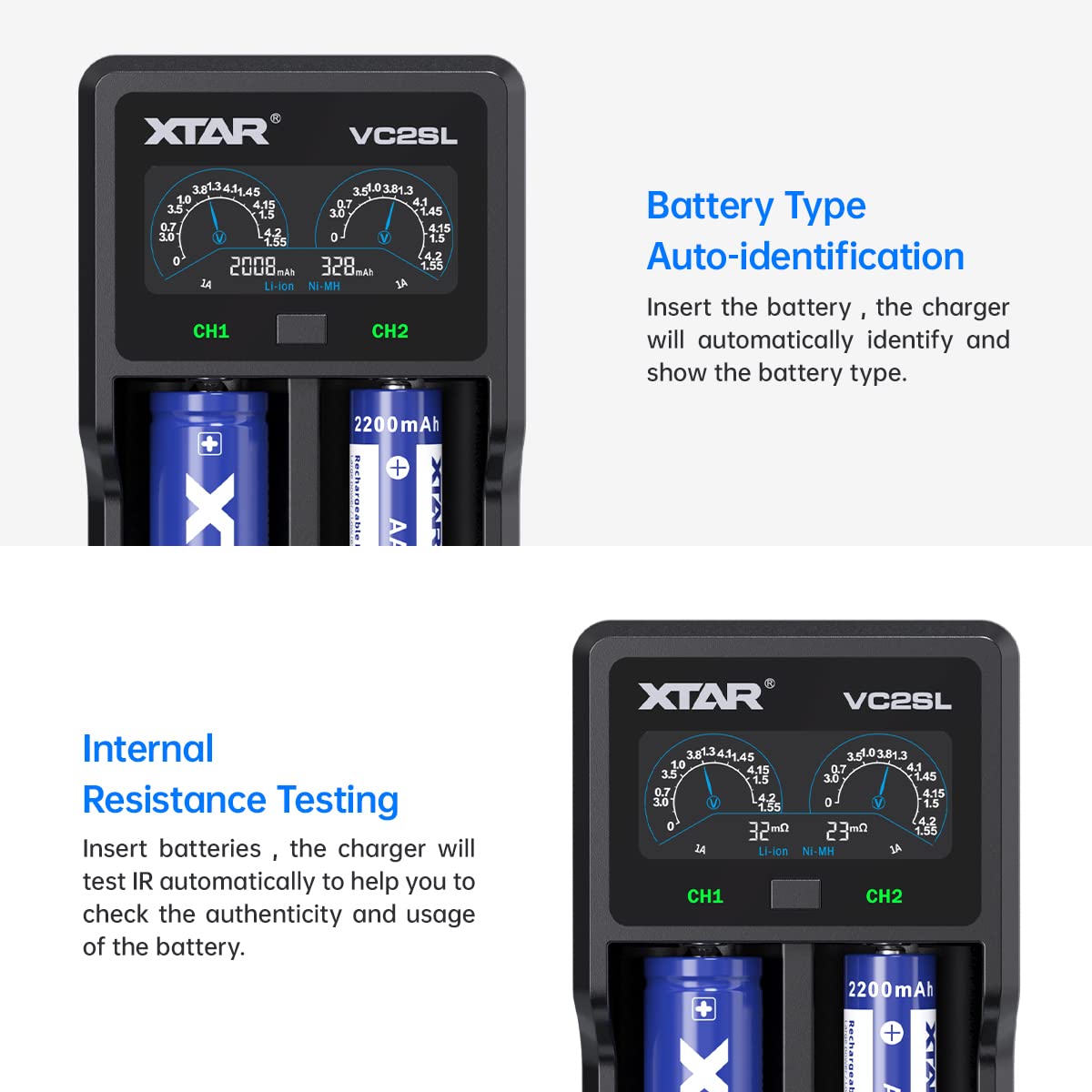 XTAR VC2SL 18650 Battery Charger 2 Bay Smart Universal Charger with LCD Display for Rechargeable Batteries Ni-MH Ni-Cd AA AAA Li-ion IMR 18650 18700 20700 21700 22650 25500 26650