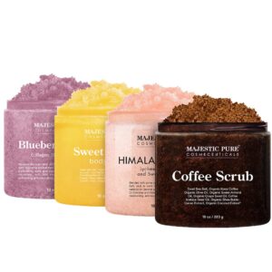 majestic pure body scrubs - coffee scrub, himalayan scrub, blueberry scrub, and sweet orange scrub bundle, 10 oz each