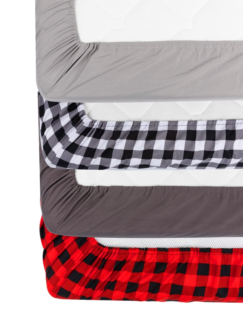 4 Pack Buffalo Check Plaid Neutral Unisex Fitted Baby Crib Sheets Set for Baby Boys or Girls (Black)