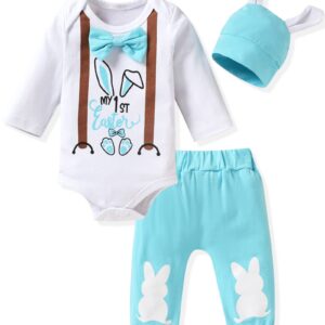 fioukiay Preemie Newborn Baby Boys Easter Outfits Infant My First Easter Baby Bunny Clothes Clothing Pants Set with Hat (White 01, 12-18 Months)