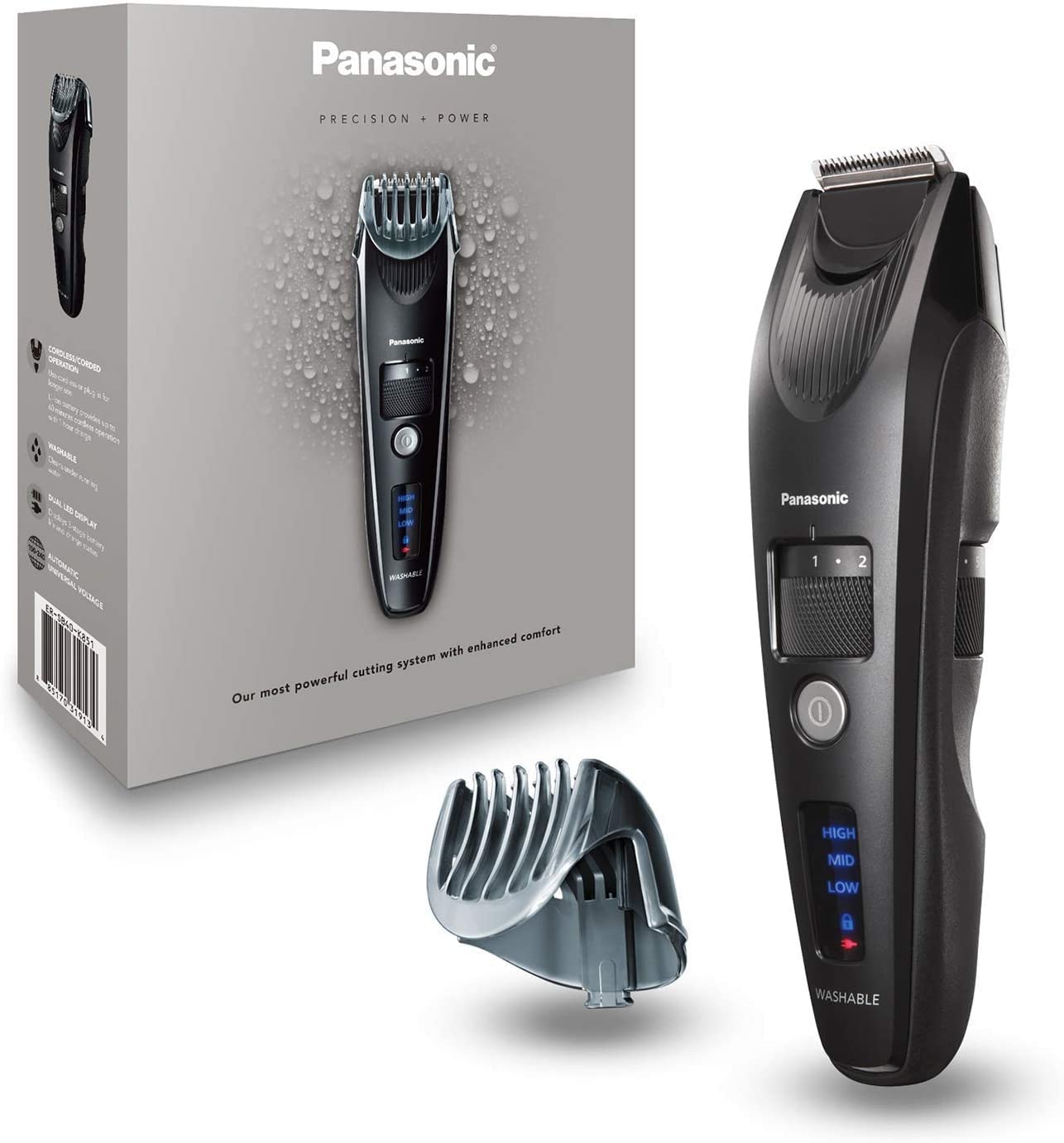 Panasonic Men's Precision Power Beard, Black - Mustache and Hair Trimmer, Cordless Precision Power, Hair Clipper with Comb Attachment and 19 Adjustable Settings, Washable