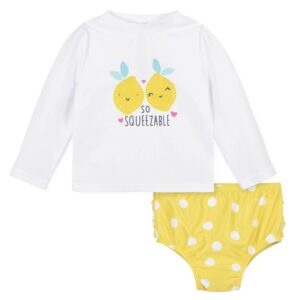 gerber baby girl's toddler long sleeved rashguard swim bathing suit set, white yellow lemons, 18 months