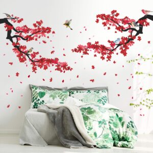 Romantic Red Flowers Wall Decals 3D Plum Floral Tree Branches Wall Stickers DIY Removable Peach Cherry Blossom Birds Wall Decor for Kids Girls Bedroom Living Room Nursery Office Decoration DT-4978