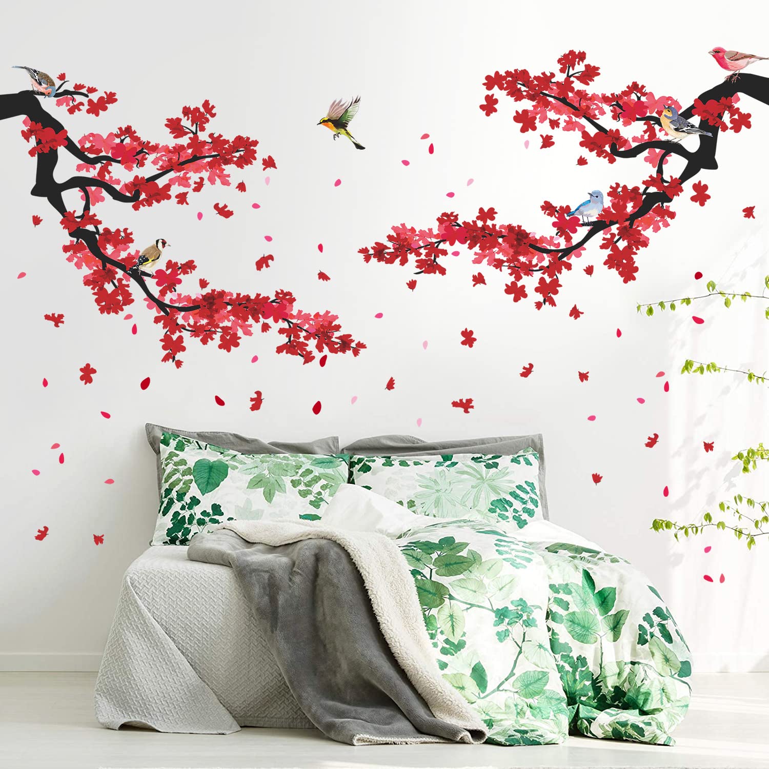 Romantic Red Flowers Wall Decals 3D Plum Floral Tree Branches Wall Stickers DIY Removable Peach Cherry Blossom Birds Wall Decor for Kids Girls Bedroom Living Room Nursery Office Decoration DT-4978