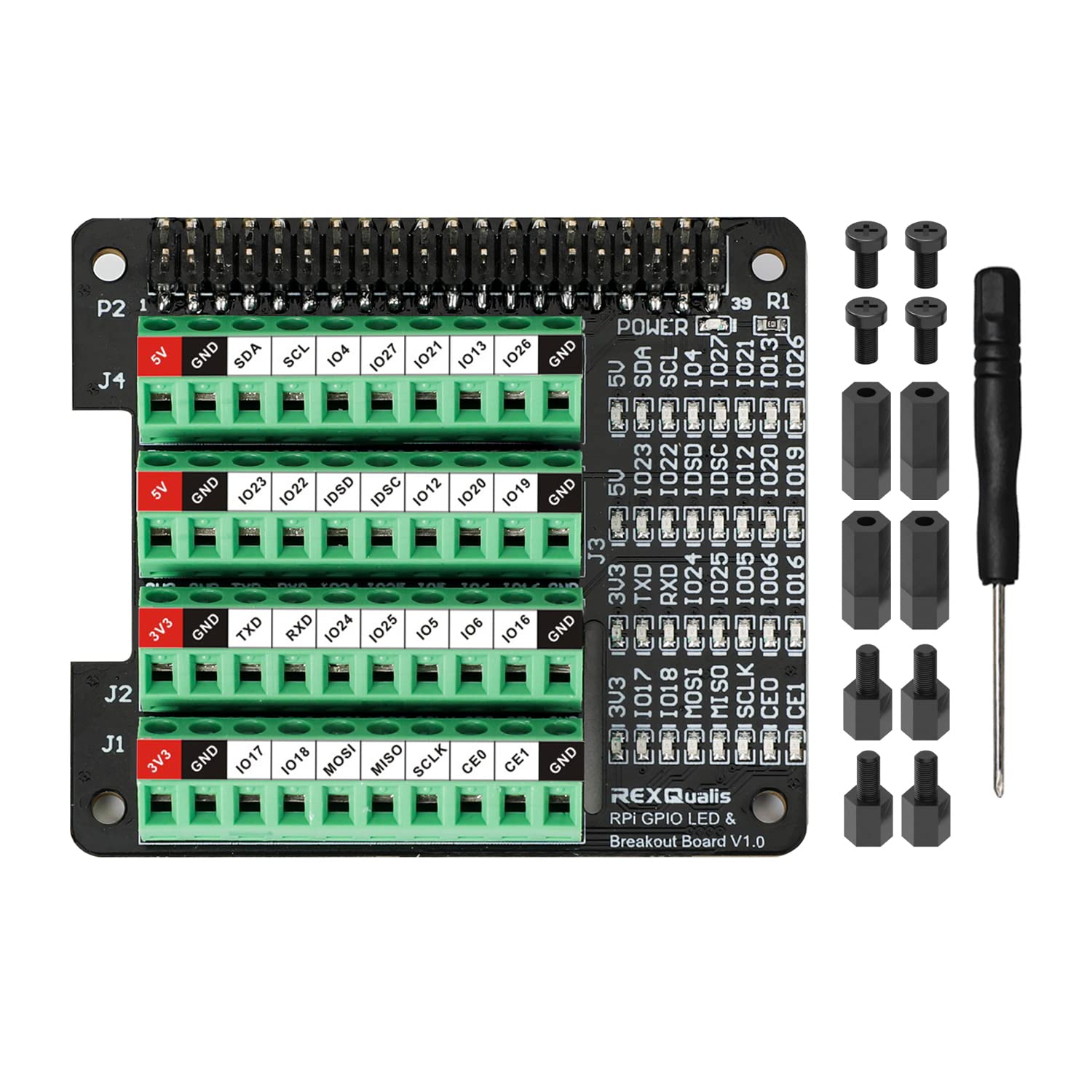 REXQualis RPi GPIO Status LED & Terminal Block Breakout Board HAT for Raspberry Pi A+ 3A+ B+ 2B 3B 3B+ 4B