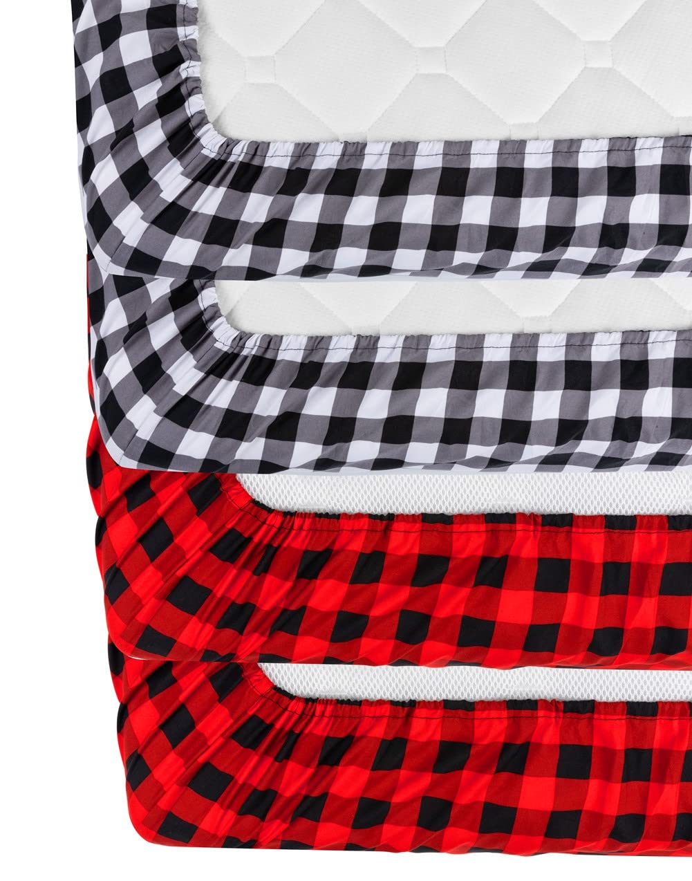 4 Pack Buffalo Check Plaid Neutral Unisex Fitted Baby Crib Sheets Set for Baby Boys or Girls (Red)