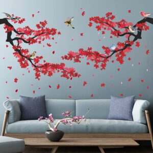 Romantic Red Flowers Wall Decals 3D Plum Floral Tree Branches Wall Stickers DIY Removable Peach Cherry Blossom Birds Wall Decor for Kids Girls Bedroom Living Room Nursery Office Decoration DT-4978