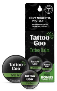 tattoo goo tattoo balm and travel size balm bundle, 3/4 oz & .33 oz tin - natural tattoo aftercare balm with beeswax and cocoa butter, soothing ointment, 2 pack